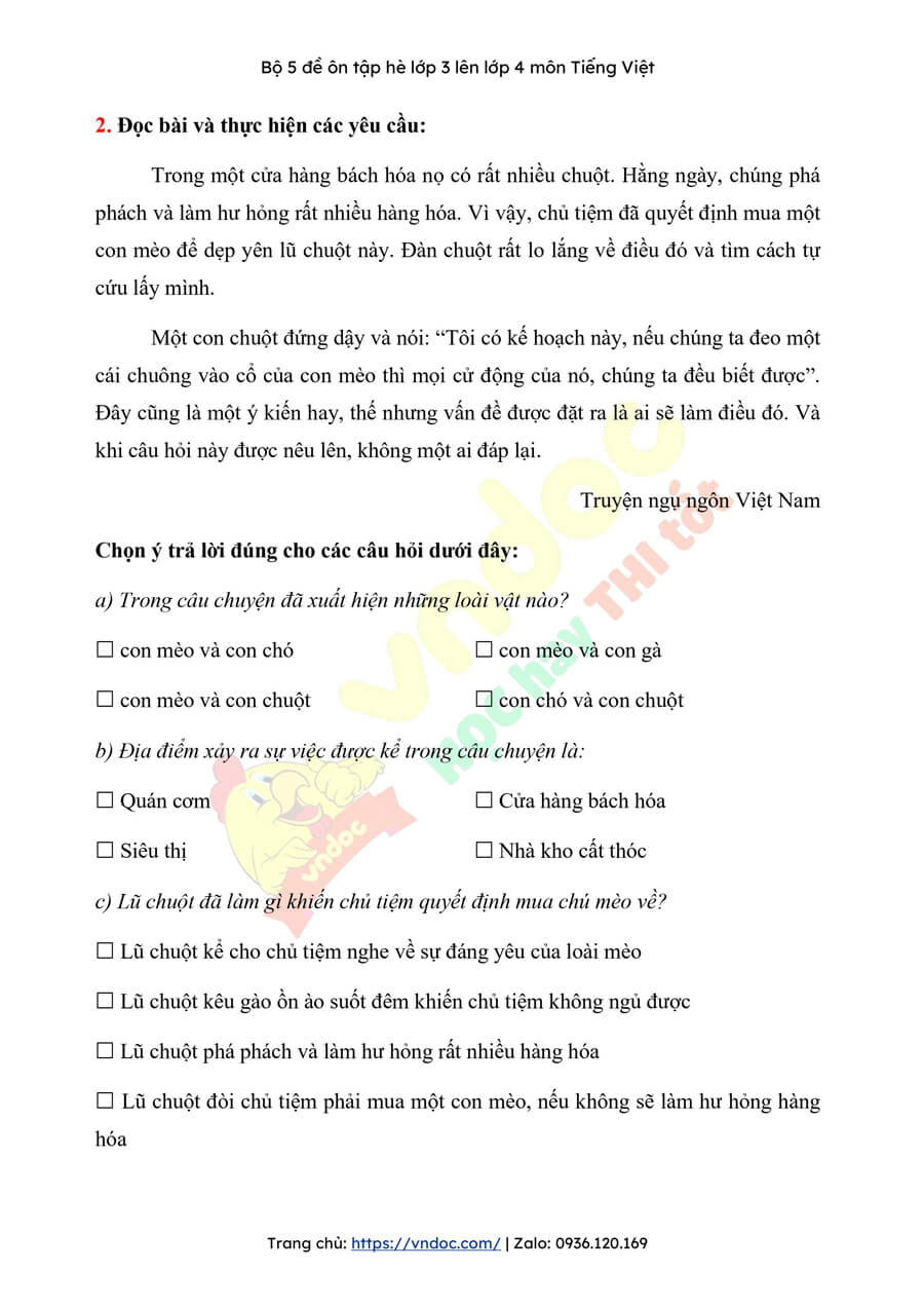 Đề ôn tập hè lớp 3 môn Tiếng Việt sách Chân trời sáng tạo - Đề 1 - Bài tập hè lớp 3 có đáp án ...