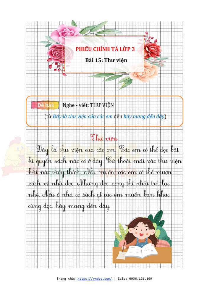 Phiếu chính tả lớp 3: Nghe viết: Thư viện trang 69 - Chính tả lớp 3 - VnDoc.com