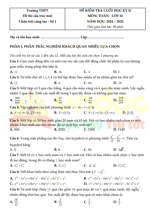 Bộ đề thi HK2 Toán 10 CTST (Cấu trúc mới) năm 2025 - Đề thi hk2 lớp 10 - Có đáp án chi tiết ...