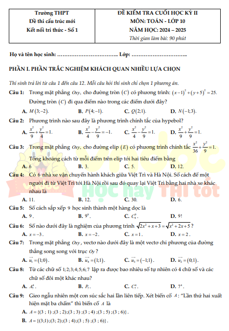 Bộ đề thi HK2 Toán 10 KNTT (Cấu trúc mới) năm 2025 - Đề thi hk2 lớp 10 - Có đáp án chi tiết ...
